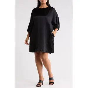 Eileen Fisher Crinkle Satin Dolman Sleeve Dress - Black