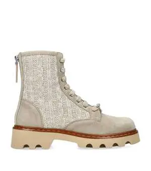 ROGER VIVIER Suede Knit Viv’ Rangers Truck Ankle Boots 20 - Beige