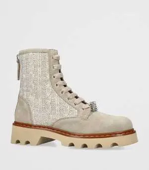 ROGER VIVIER Suede Knit Viv’ Rangers Truck Ankle Boots 20 - Beige