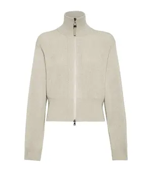 Brunello Cucinelli Cashmere-blend Zip-up Cardigan - Beige