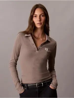 Calvin Klein Woven Monologo Long Sleeve Polo Shirt - Cinder