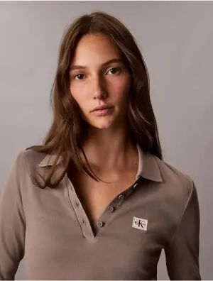 Calvin Klein Woven Monologo Long Sleeve Polo Shirt - Cinder