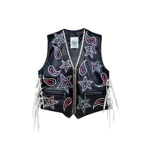 ACID CAT Paisley Dream Kitty Rhinestone Lace Up Leather Vest