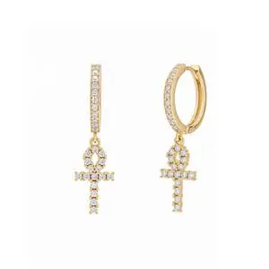 SPERO LONDON Pave Egyptian Ankh Sterling Silver Drop Earring