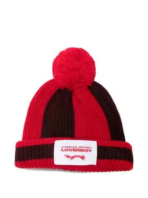 CHARLES JEFFREY Striped Pompom Beanie Hat - Red