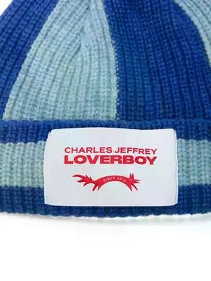 CHARLES JEFFREY Striped Pompom Beanie Hat