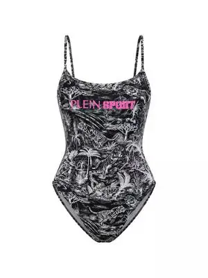 PLEIN SPORT Tiger-print Logo-print Swimsuit - Black