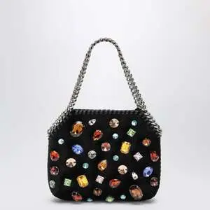 Stella McCartney Falabella Tiny Shoulder Bag In Velvet With Crystals - Black