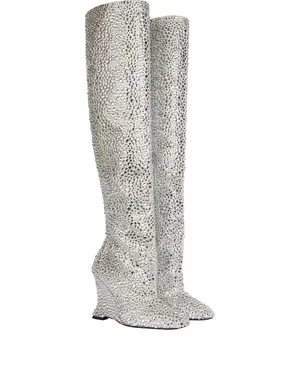 Balmain Wedge Thigh-high Satin Boots With Crystals