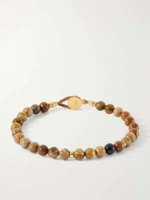 MIKIA Circle 8 Gold-plated Sterling Silver, Petrified Wood And Flint Beaded Bracelet - Brown