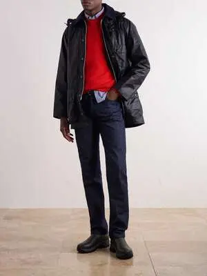 Barbour A.p.c. Logo-embroidered Moleskin-trimmed Woven Waxed-cotton Jacket - Navy