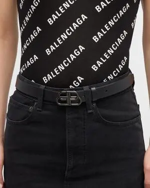 Balenciaga Bb Leather Thin Belt - 1000 Black