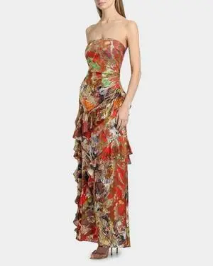 Ramy Brook Dominika Strapless Metallic Ruffle Gown - Orange Com