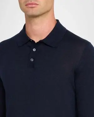 Neiman Marcus Men & Apos;s Cashmere Long-sleeve Polo Shirt Navy