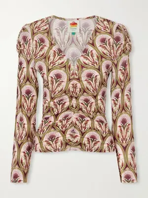 Farm Rio Garden Medal Printed Gathered Jersey Blouse - Neutrals