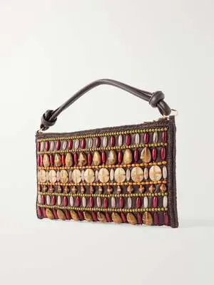 Cult Gaia Hera Bead-embellished Leather And Raffia-trimmed Satin Shoulder Bag