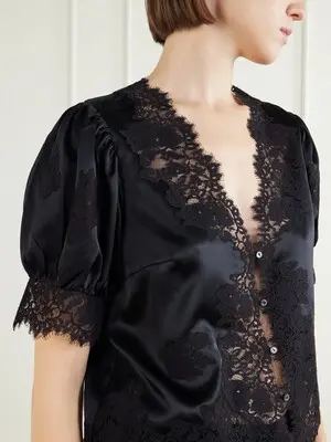 DÔEN Idella Lace-trimmed Silk-satin Blouse - Black
