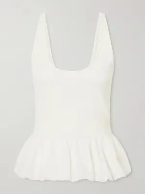 ST. AGNI Balloon Ballet Gathered Chiffon-trimmed Ribbed Tank - Neutrals