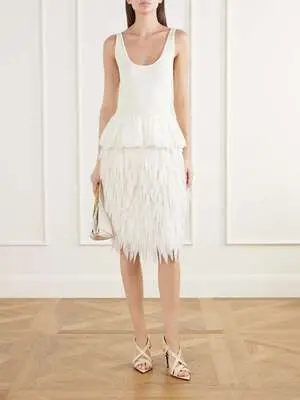 ST. AGNI Rib-trimmed Fringed Chiffon Midi Skirt