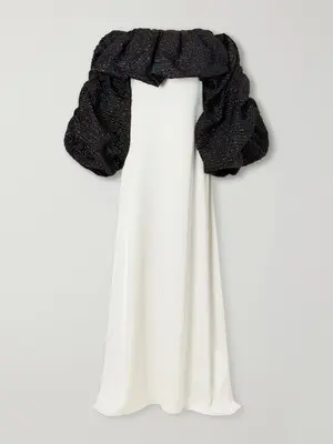 DIMA AYAD Off-the-shoulder Cloqué-trimmed Satin Gown - Neutrals