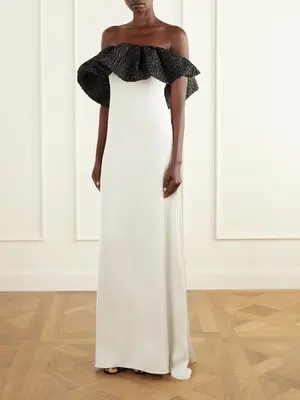 DIMA AYAD Off-the-shoulder Cloqué-trimmed Satin Gown - Neutrals