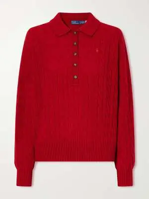 Polo Ralph Lauren Logo-embroidered Cable-knit Wool And Cashmere-blend Polo Sweater - Red