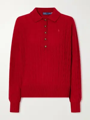 Polo Ralph Lauren Logo-embroidered Cable-knit Wool And Cashmere-blend Polo Sweater Red