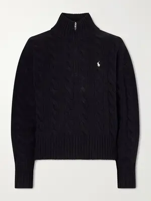 Polo Ralph Lauren Logo-embroidered Cable-knit Wool And Cashmere-blend Half-zip Sweater - Neutrals