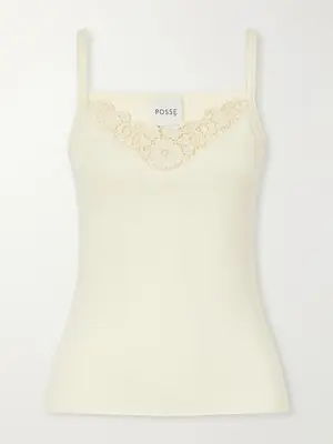 Posse Posy Guipure Lace-trimmed Ribbed Cotton-blend Jersey Tank - Neutrals