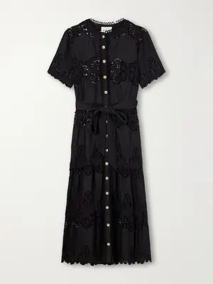 Miguelina Romilly Cloisters Broderie Anglaise Linen And Cotton-blend-poplin Midi Dress - Black