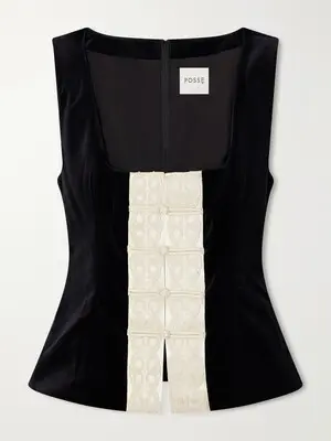 Posse Florian Embroidered Satin-trimmed Cotton-velvet Top - Black