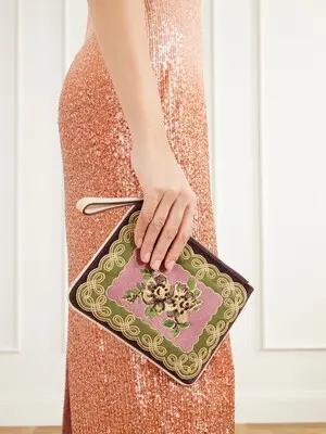 ALEMAIS Lacey Embroidered Leather-trimmed Satin Clutch