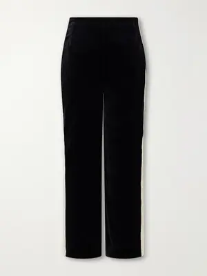 Posse Florian Cropped Embroidered Satin-trimmed Cotton-velvet Straight-leg Pants - Black