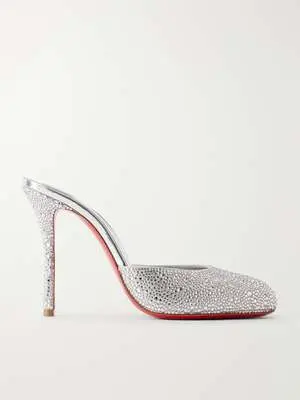 CHRISTIAN LOUBOUTIN Dolly 100 Crystal-embellished Metallic Leather Mules - Silver