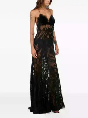 Roberto Cavalli Lace-trim Velvet-panel Maxi Dress - Black