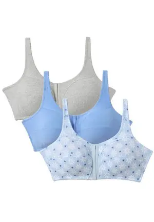 COMFORT CHOICE 3 Pack Front Close Cotton Wireless Bra (plus) Soft Blue Assorted