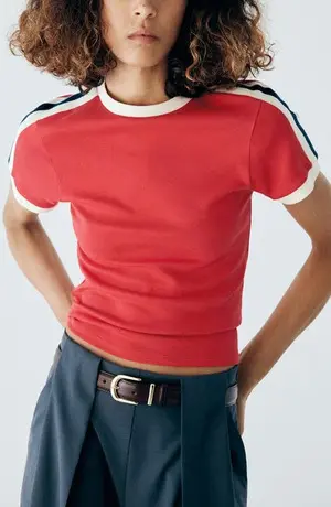 Mango Contrast Detail T-shirt - Red