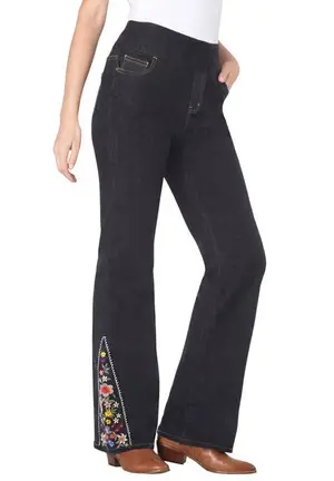 WOMAN WITHIN Smooth Waist Pull On Flex Fit Bootcut Denim Jeans (plus) Indigo Floral