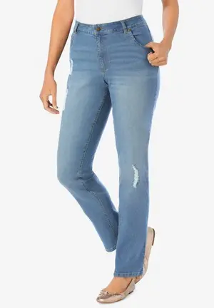 WOMAN WITHIN Stretch Denim 5 Pocket Straight Leg Jeans (plus) Distressed