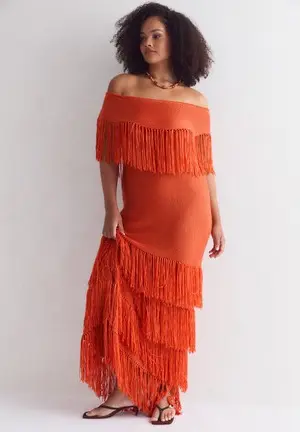JUNE & VIE Off Shoulder Fringe Sweater Dress