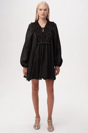 EXQUISE Chaney Long Sleeve Linen Mini Dress - Black