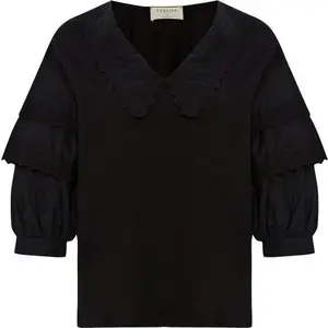 EXQUISE V-neck Puff Sleeve Blouse With Broderie Anglaise Details