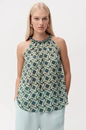 EXQUISE Grant Ruffle Halter Neck Cotton Blouse
