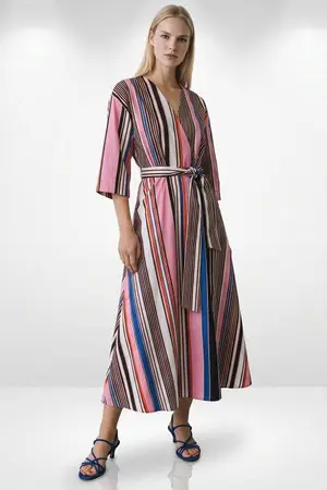 EXQUISE Double Breasted Striped Midi Dress With Tie Waist