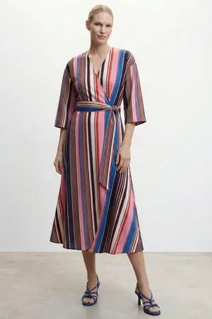 EXQUISE Double Breasted Striped Midi Dress With Tie Waist