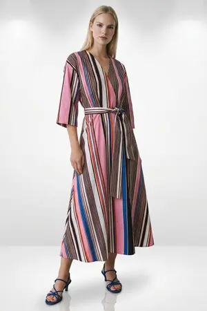 EXQUISE Double Breasted Striped Midi Dress With Tie Waist