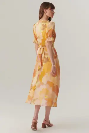 EXQUISE Olive Abstract Print Balloon Sleeve Midi Dress