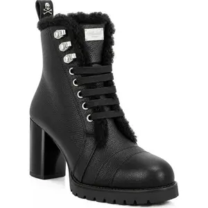 Philipp Plein Leather Boots Lo-heels Fake Fur - Black
