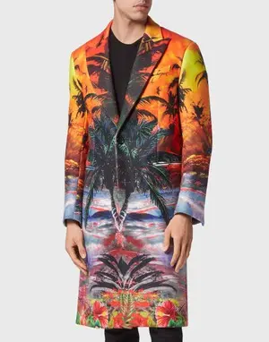 Philipp Plein Wool Coat Long Hawaii - Multicolor