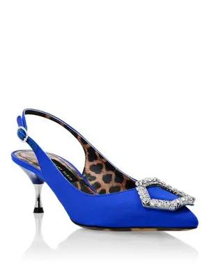 Philipp Plein Satin Decollete Slingback Low Heels Crystal Hexagon Women Middleblue